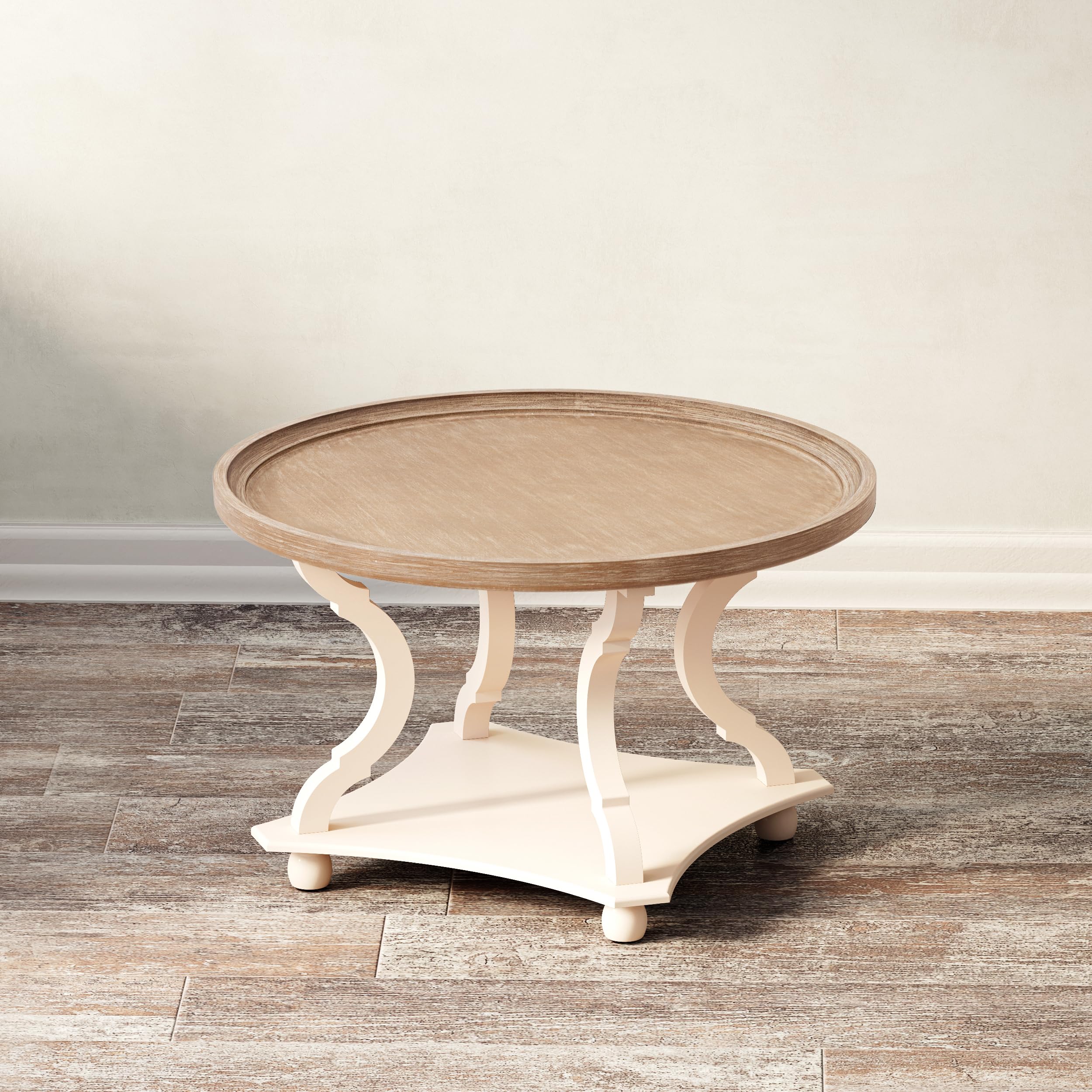 COZAYH Round Farmhouse Coffee Table with Handmade Finishes, Wood Tray Top Rustic Coffee Table for Added Thickness, Accent Table with Storage for Living,White 32βX32βX20β
