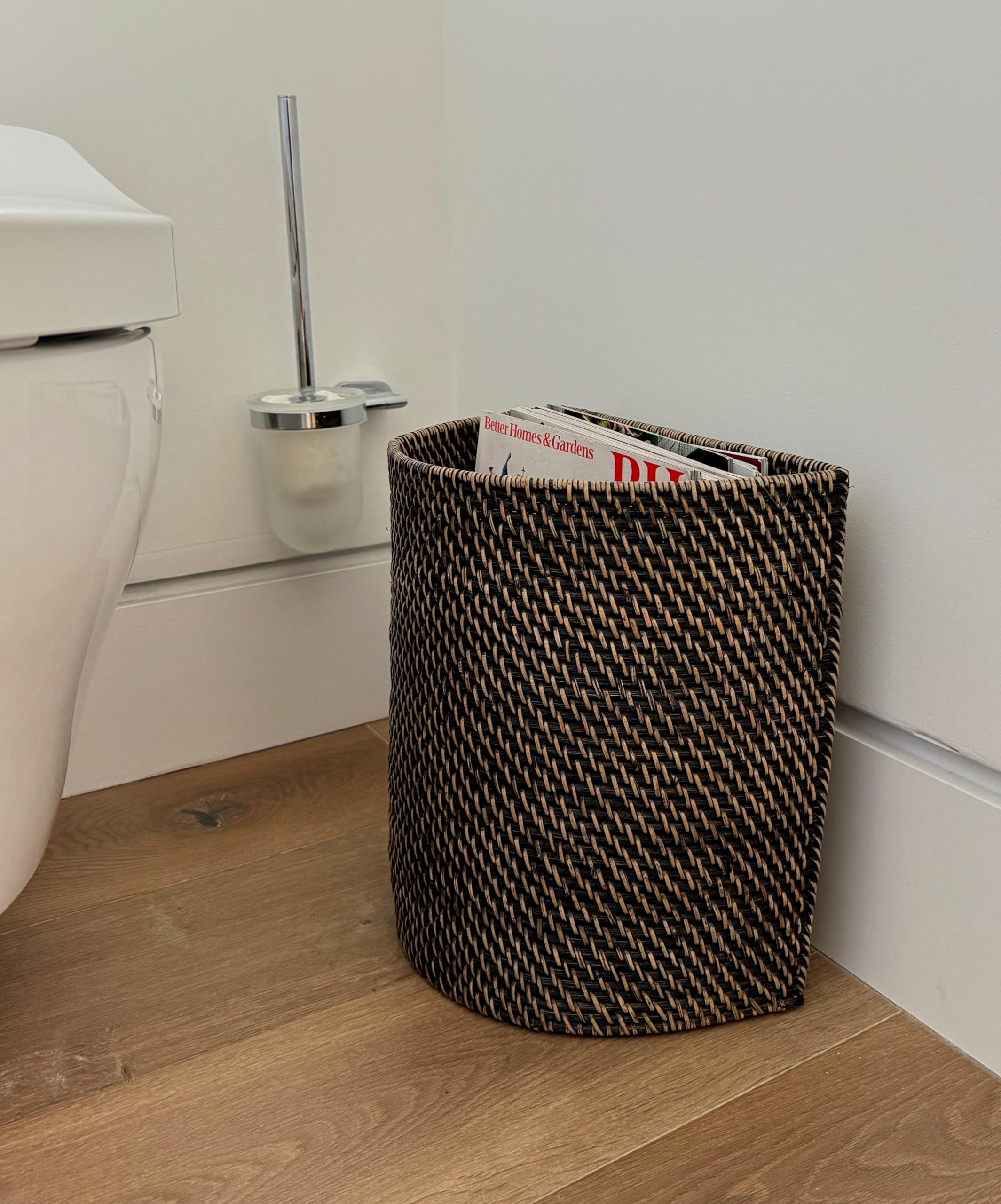 KOUBOO Rattan Laguna Half-Moon Waste Basket Trash Can โ Laundry Room Storage, Wicker Garbage Can, Office, Bathroom, Kitchen, Bedroom Waste Basket, Gray - Brown