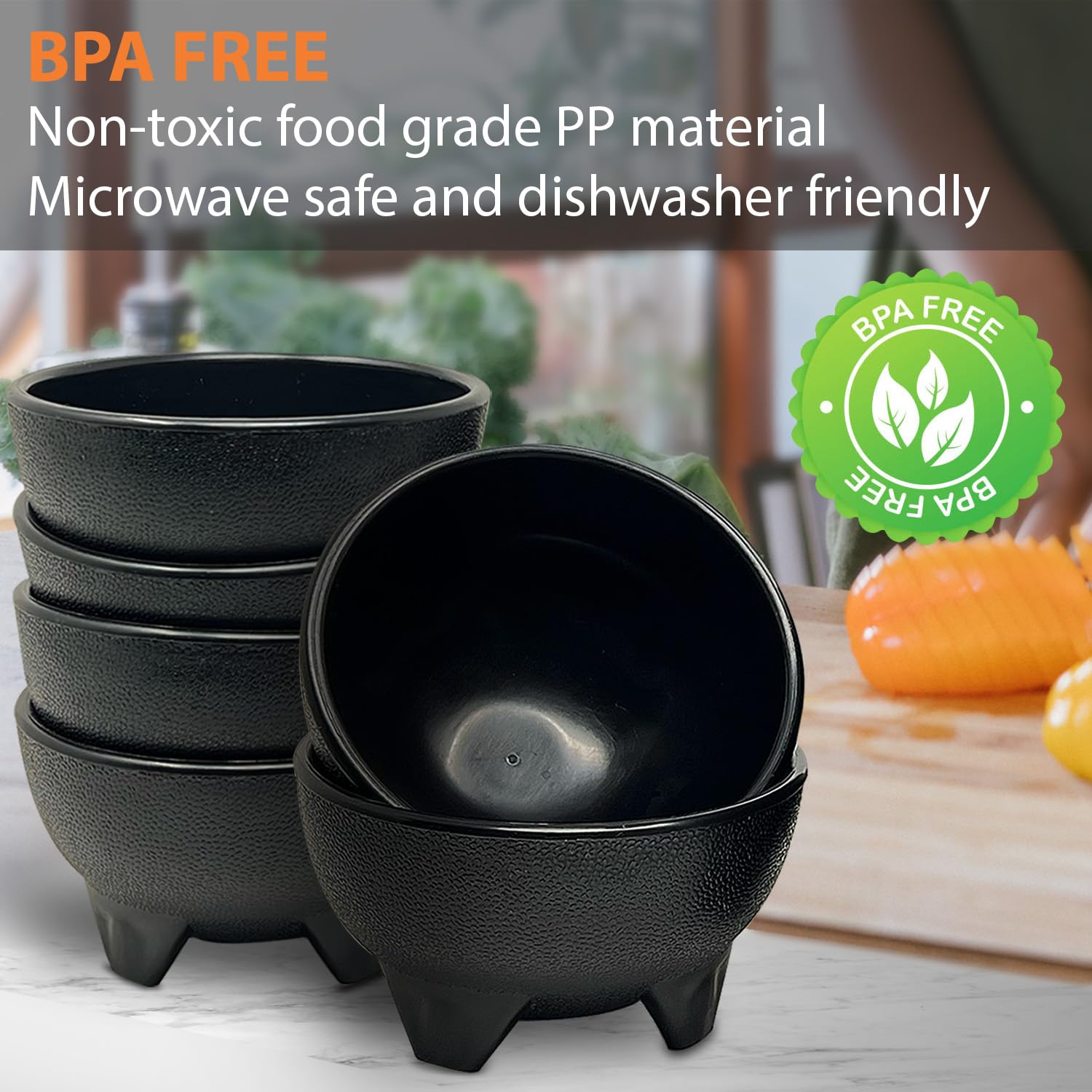 KSEV Salsa Bowls – 6 Pack (Black), 13oz BPA FREE Small Bowl Unbreakable Mexican Molcajete Chips Guacamole, Serving Dish, Sauce Cup, Side bowl, Snack, Chips, Dip, Nuts, Candy, Ice Cream, Party Use