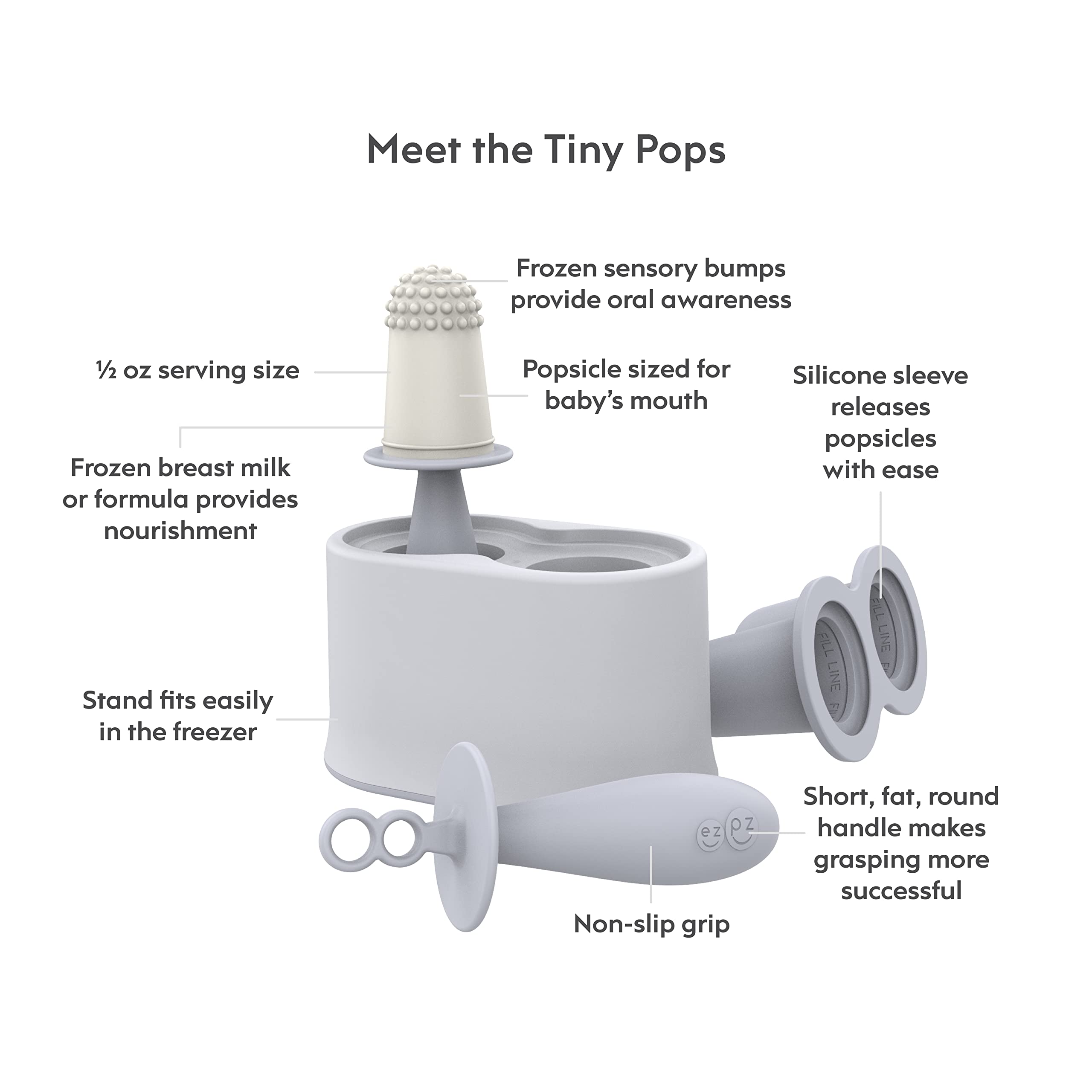 ezpz Tiny Pops (Pewter) - Popsicle Mold Set with Wands for Infants 4 Months + - Two Pack - Baby Essentials - Teething Relief