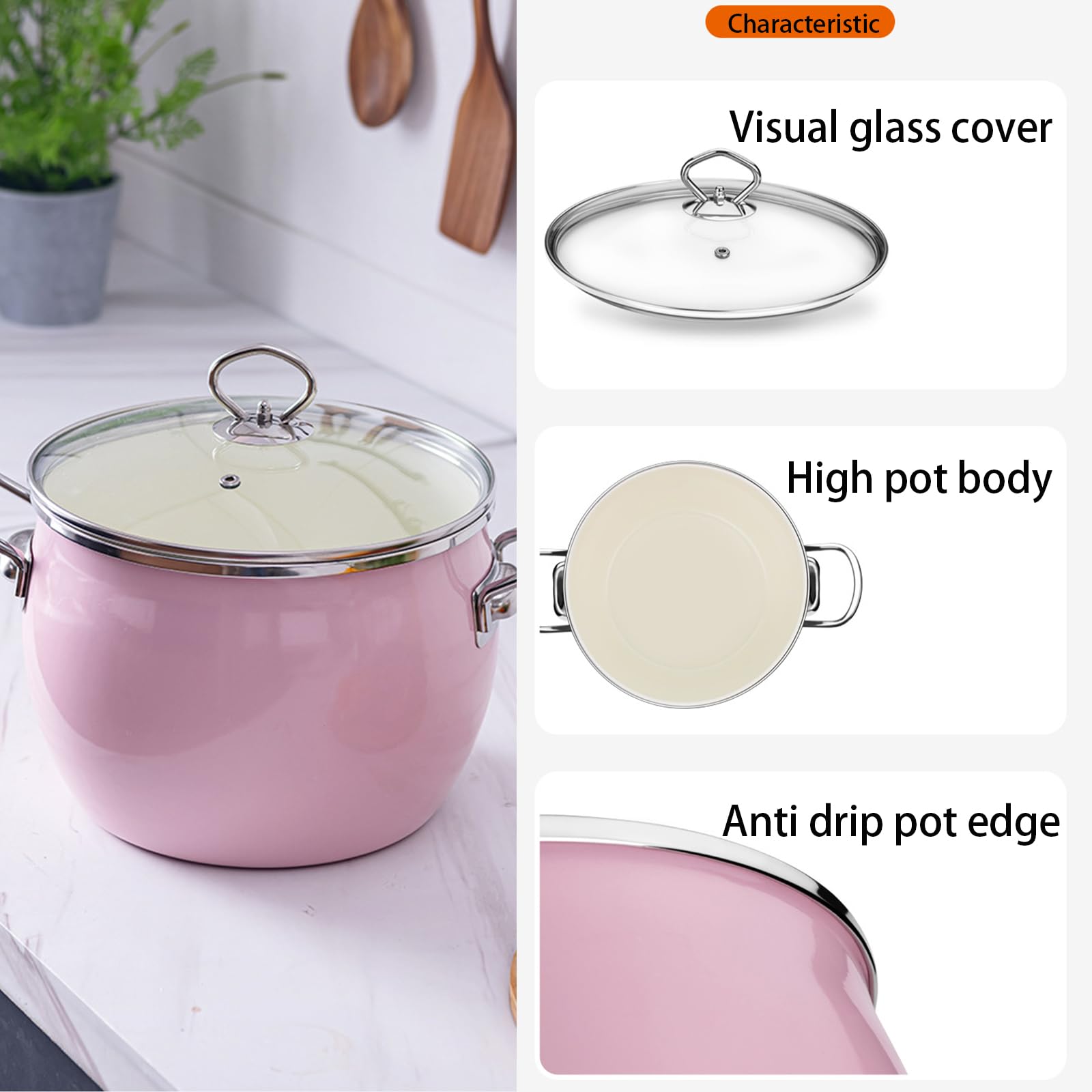 JUSTUP Enamel Stock Pot with Lid, 6-Quart Soup Pot with Circular Handle,Large Cooking Pot Boiling Pot for Gumbo, Stew, Boil, Pasta,Sauce (Pink), 13*9*6.7 Inch