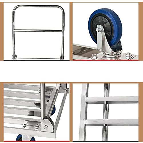 Generic Platform Truck Foldable Hand Truck Heavy Duty Stainless Push Cart Flatbed Trolley with Hollow Out Platform for Baggage Moving Transport Flatbed Cart (