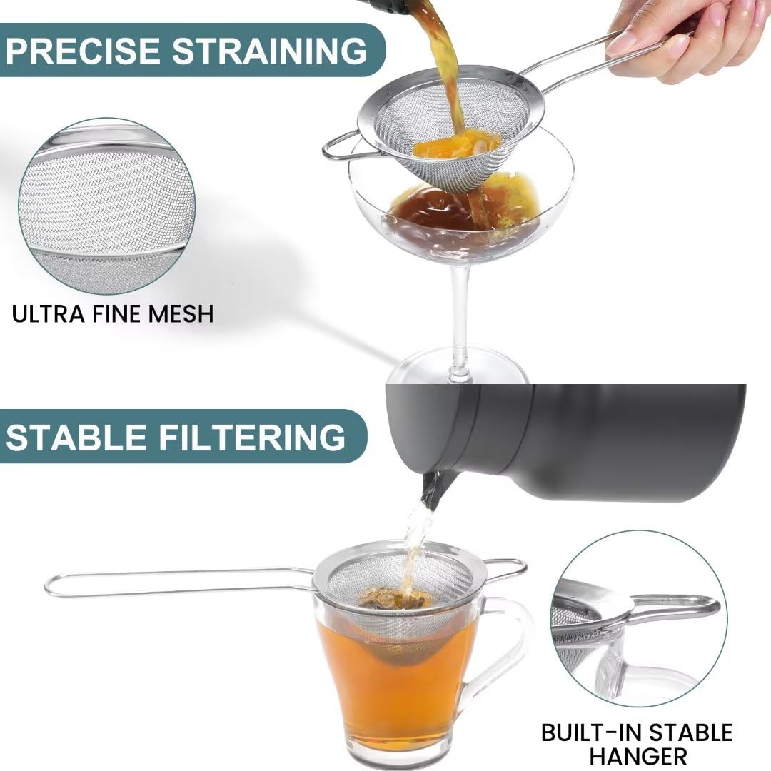 CUNSENR Premium Fine Mesh Tea Strainer - Stainless Steel Cocktail Strainer for Drink - Small Strainers for Kitchen, Tea Herbs, Juice, Coffee - Mini Strainer for Juicing - Easy to Use & Clean, Silver
