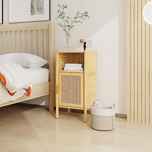 INMOZATA Bamboo Nightstand 1 Door Cabinet, Rattan Bedside Tables with Open Shelf, Natural Rattan Nightstand for Bedroom