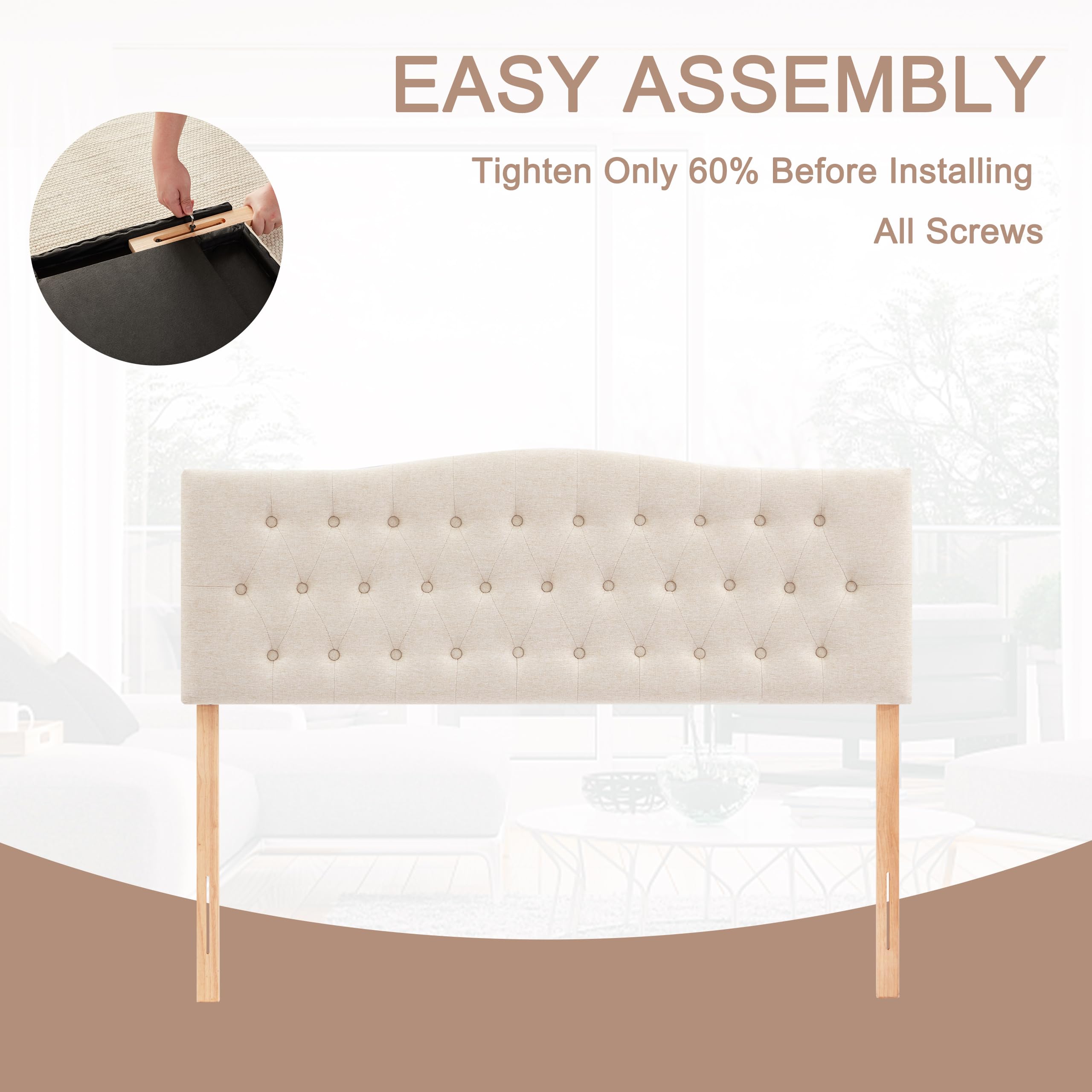 Huatean Home Tufted Upholstered Headboard Queen Size, Sturdy and Durable Solid Wood Bed headboard, Fabric Headboard Adjustable Height from 37β to 51β, Modern Button Diamond Design Head Board, Beige