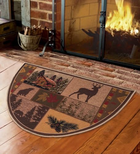 Cozy Floor Mats Fireplace Hearth Rug, Nature Cottage Bear Deer Elk, 26"x 39" Brown Beige Green Red, Half Circle, Fire Heat Resistant Mat, Half Moon Shape, Non Slip Kitchen Rug, Cabin Lodge 2'2"x 3'3"