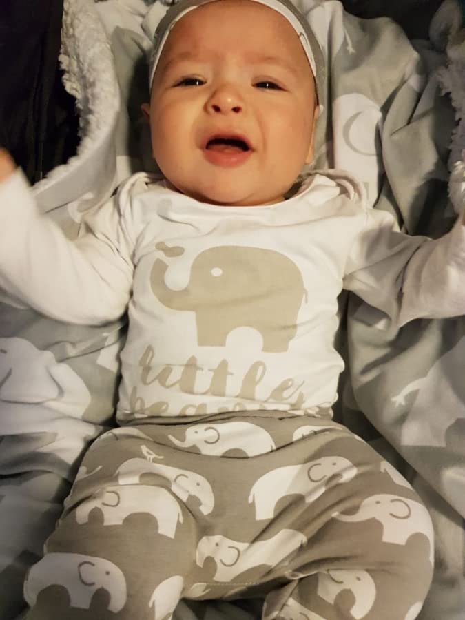Siracend Newborn Infant Baby Boy Clothes Elephant Print Long Sleeve Bodysuit + Pants + Hat 3 PCS Outfits Set (0-3 months) White