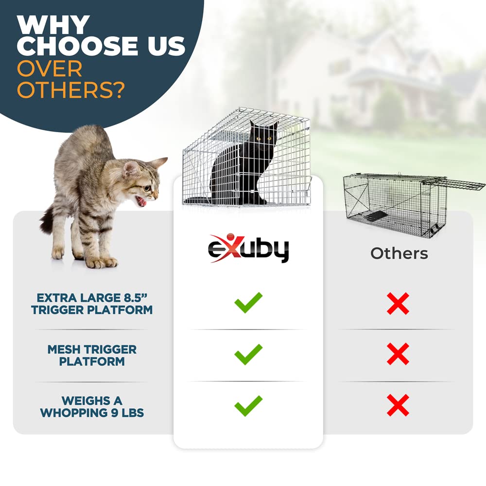 eXuby Large Cat Trap for Stray/Feral Cats & Other Animals - 32"x12"x13β - Catch Them Live & Relocate - Extra Large 8.5" Trigger Platform - Also for; Racoon, Rabbit, Possum, Skunk, Bobcat, Squirrel
