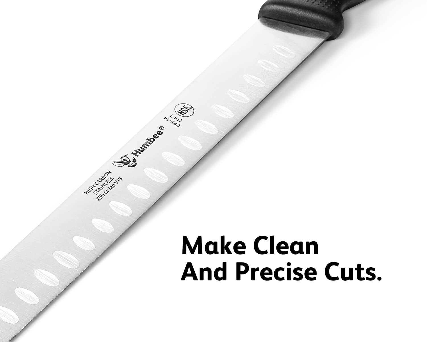Humbee Chef 14-Inch Carving Knife with Granton Edge for Turkey Ham Meat Slicing and cutting NSF Certified CP5-14 Black