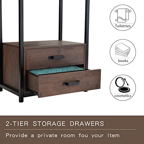 Industrial Wood Bookcase with Two Drawers, Book Storage Rack with Open Display Shelves 4-Tier Open Etagere Bookcase with Adjustable Foot Pads for Living Room, Bedroom, Office, Brown