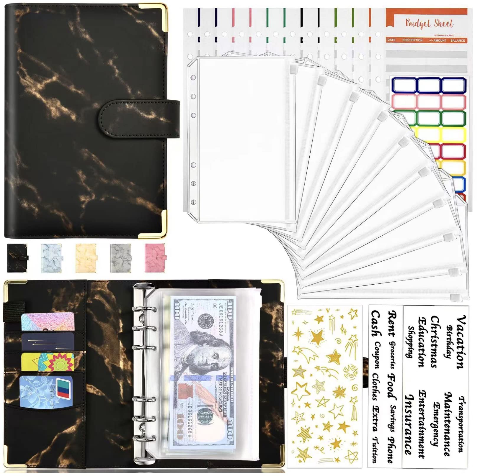DOMUUH Budget Binder with Zipper Envelopes & Expense Budget Sheets, Money Binder with Cash Envelopes for Budgeting and Saving Money, Money Organizer for Cash (Marble Black)