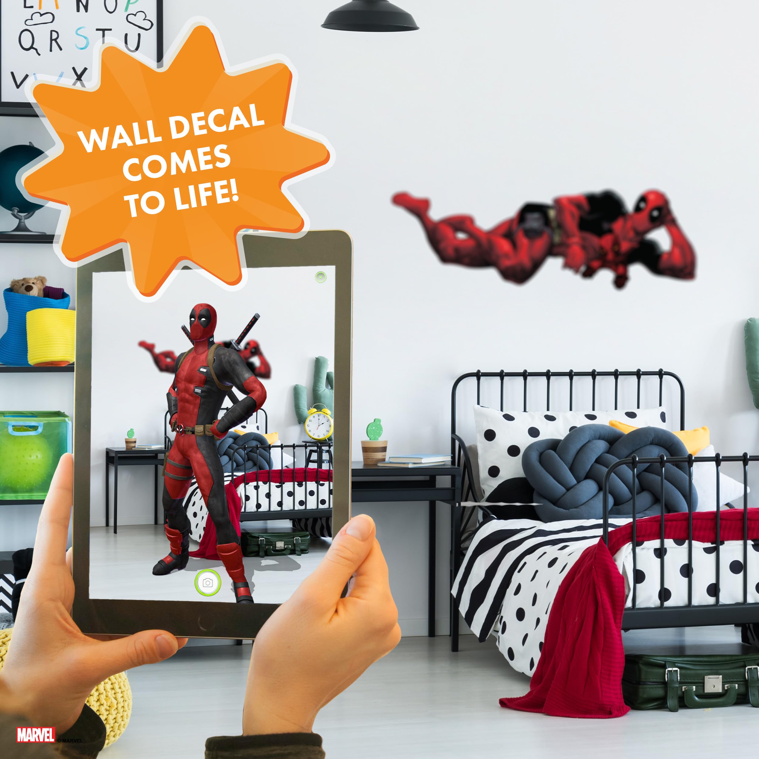 Wall Palz Marvel Deadpool Wall Decal - Deadpool Wall Stickers with 3D Augmented Reality Interaction - Deadpool Sticker for Walls 12" x 34" Marvel Room Decor