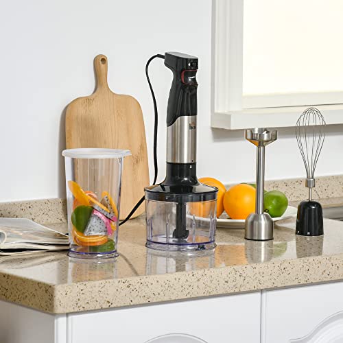 HOMCOM Immersion Hand Blender, 400W 4-in-1 Handheld Stick Blender with Adjustable Speed, 500ml Chopper, Egg Whisk, 800ml Measuring Cup, and Stainless Steel Blades, Silver/Black