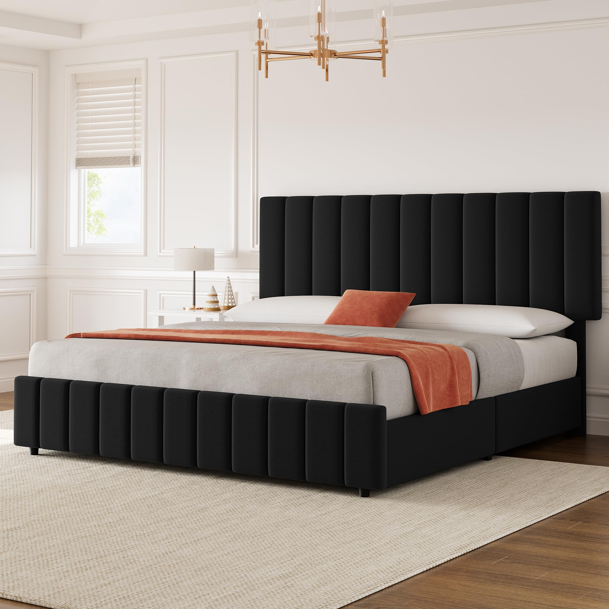 IDEALHOUSE Queen Size Bed Frame with 4 Storage Drawers and Adjustable Headboard, PU Leather Upholstered Platform Bed Frame with Wooden Slats Support, No Box Spring Needed, White