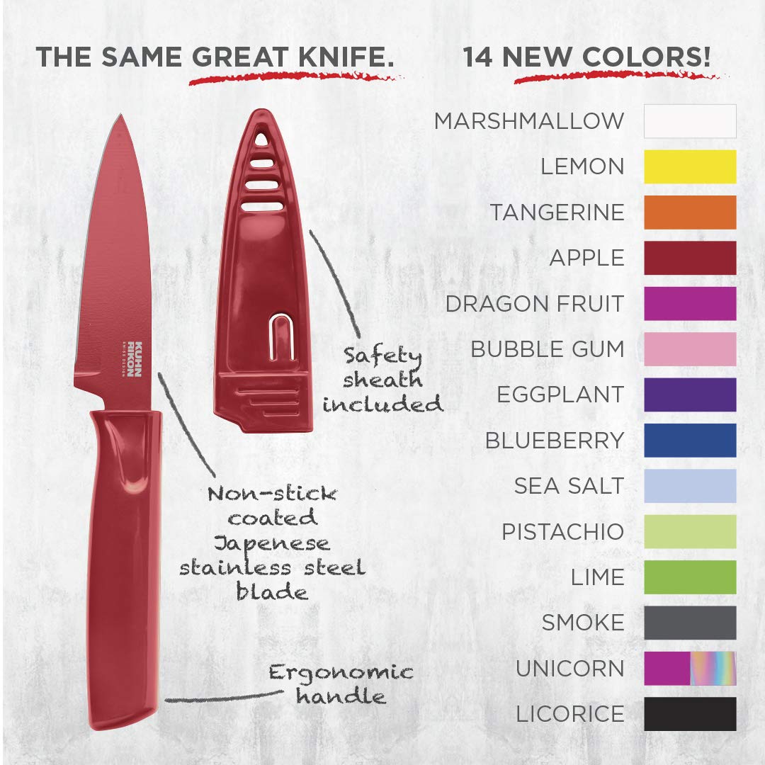 Kuhn Rikon Colori Non-Stick Straight Paring Knife with Safety Sheath, 4 inch/10.16 cm Blade, Lime