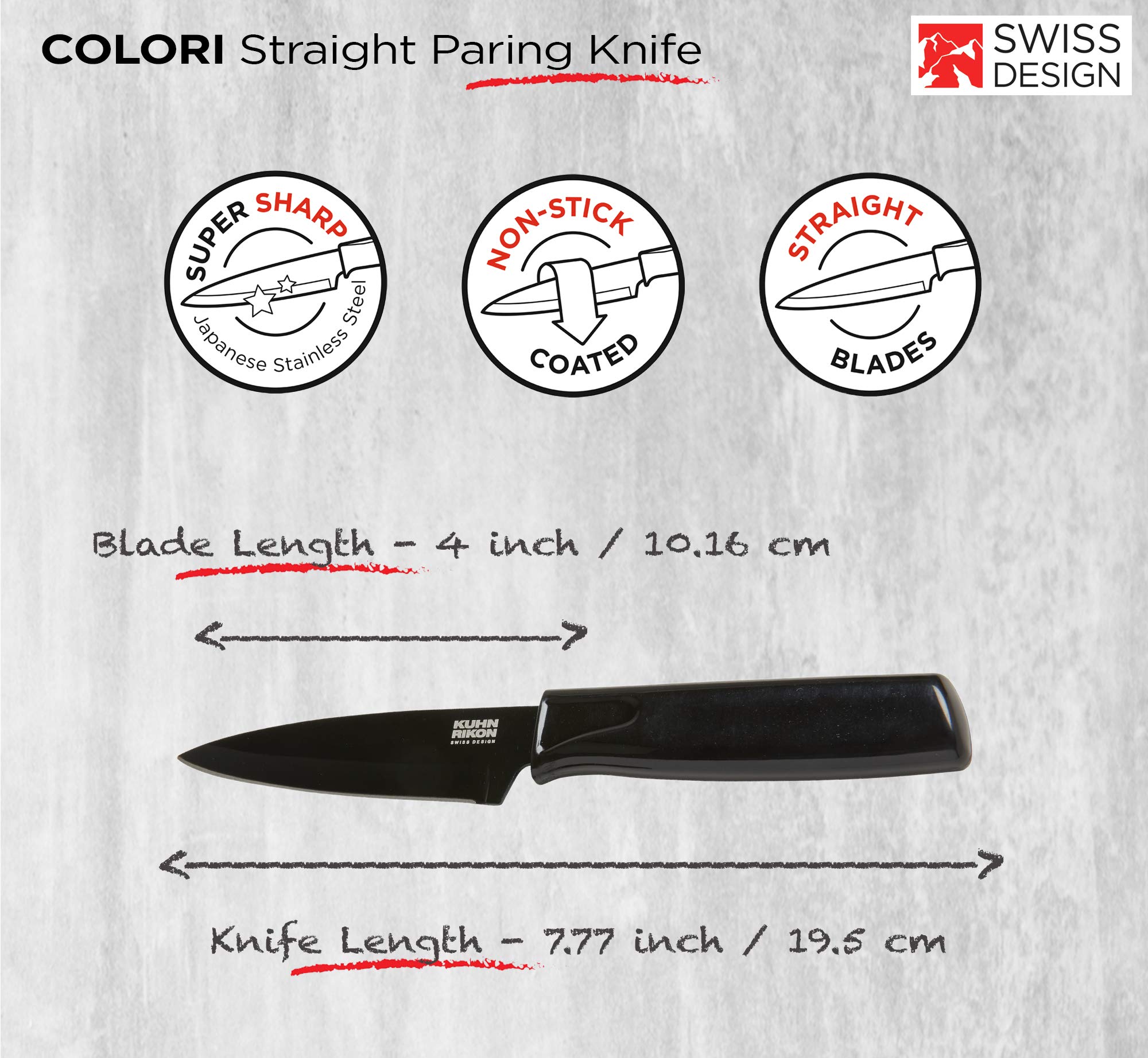 Kuhn Rikon Colori Non-Stick Straight Paring Knife with Safety Sheath, 4 inch/10.16 cm Blade, Licorice