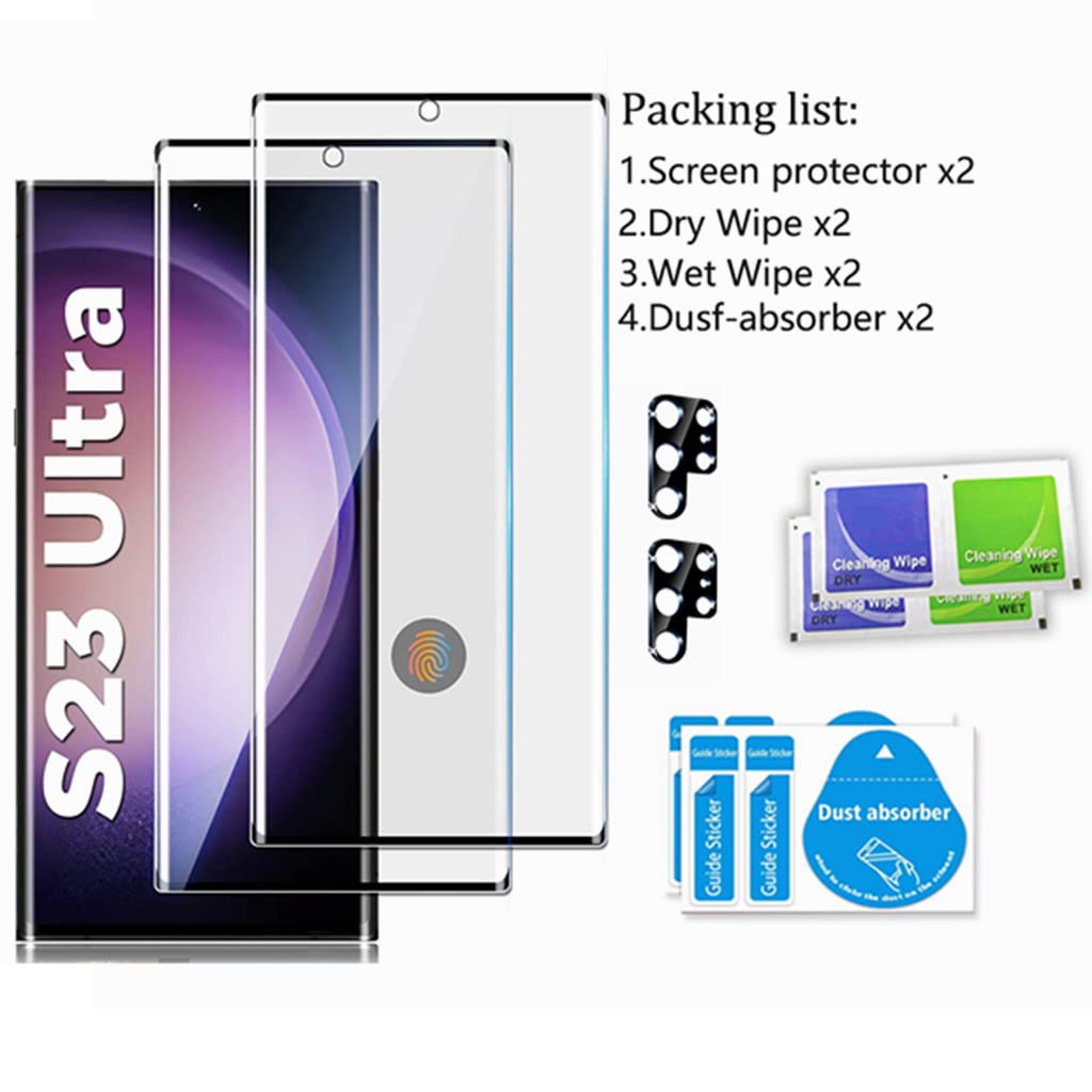 Galaxy S23 Ultra Screen Protector 【2+2 Pack】With 2 Pack Tempered Glass Camera Lens Protector, Compatible Fingerprint, Easy Installation, 3D Glass Full Coverage 9H Hardness Tempered Glass Screen Protector for Samsung Galaxy S23 Ultra 5G