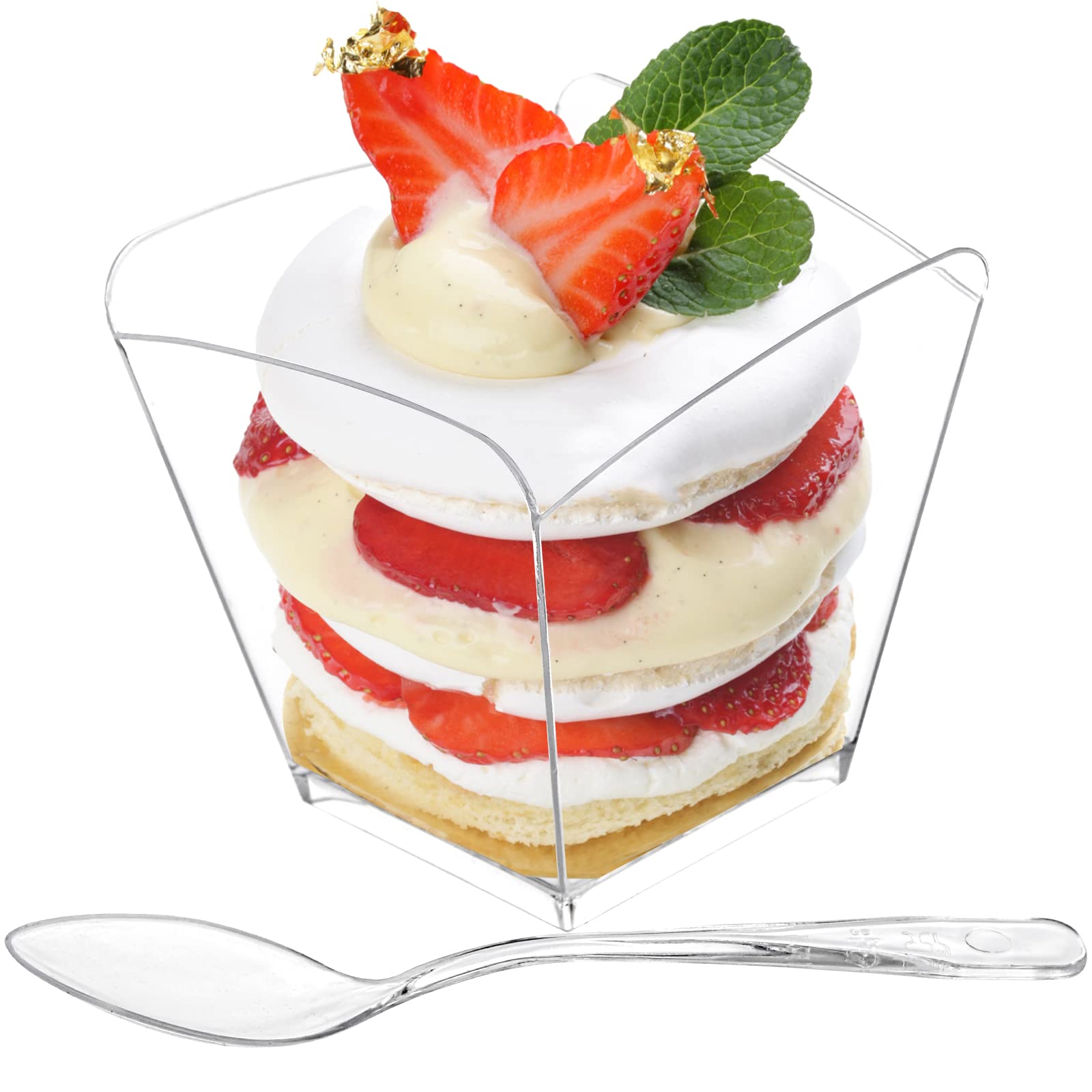 Frcctre 100 Pack 3.4 Oz Clear Dessert Tumbler Cups with Spoons, Disposable Plastic Appetizer Cups Parfait Shooters Cups for Desserts, Puddings, Mousse, Wedding, Party