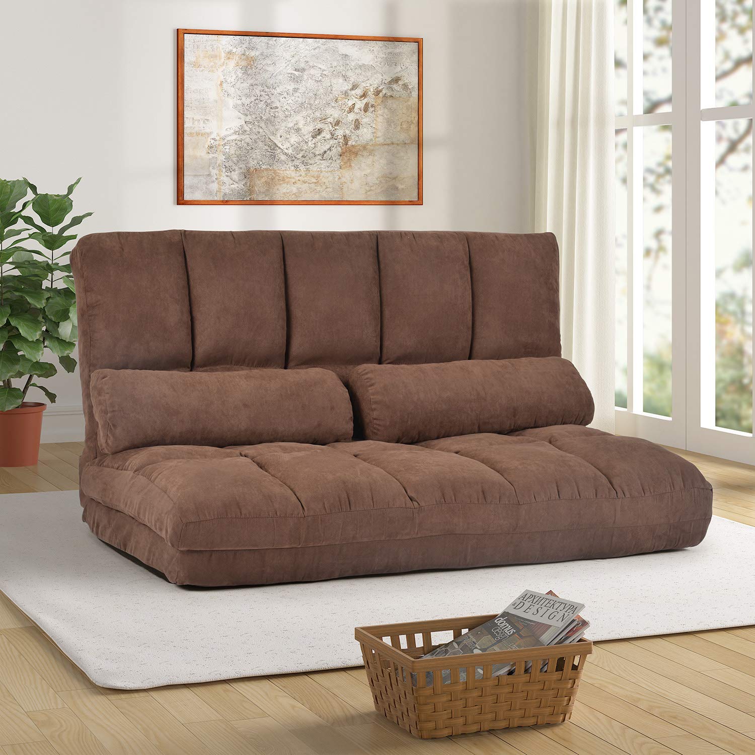 EMKK Chair with Back Support-Double Seating for Adults & Kids,w Adjustable Couch Fully Backrest 2 Pillows Gaming Living Room, Folding Chaise Lounge Floor Sofa, Brown Aparment a