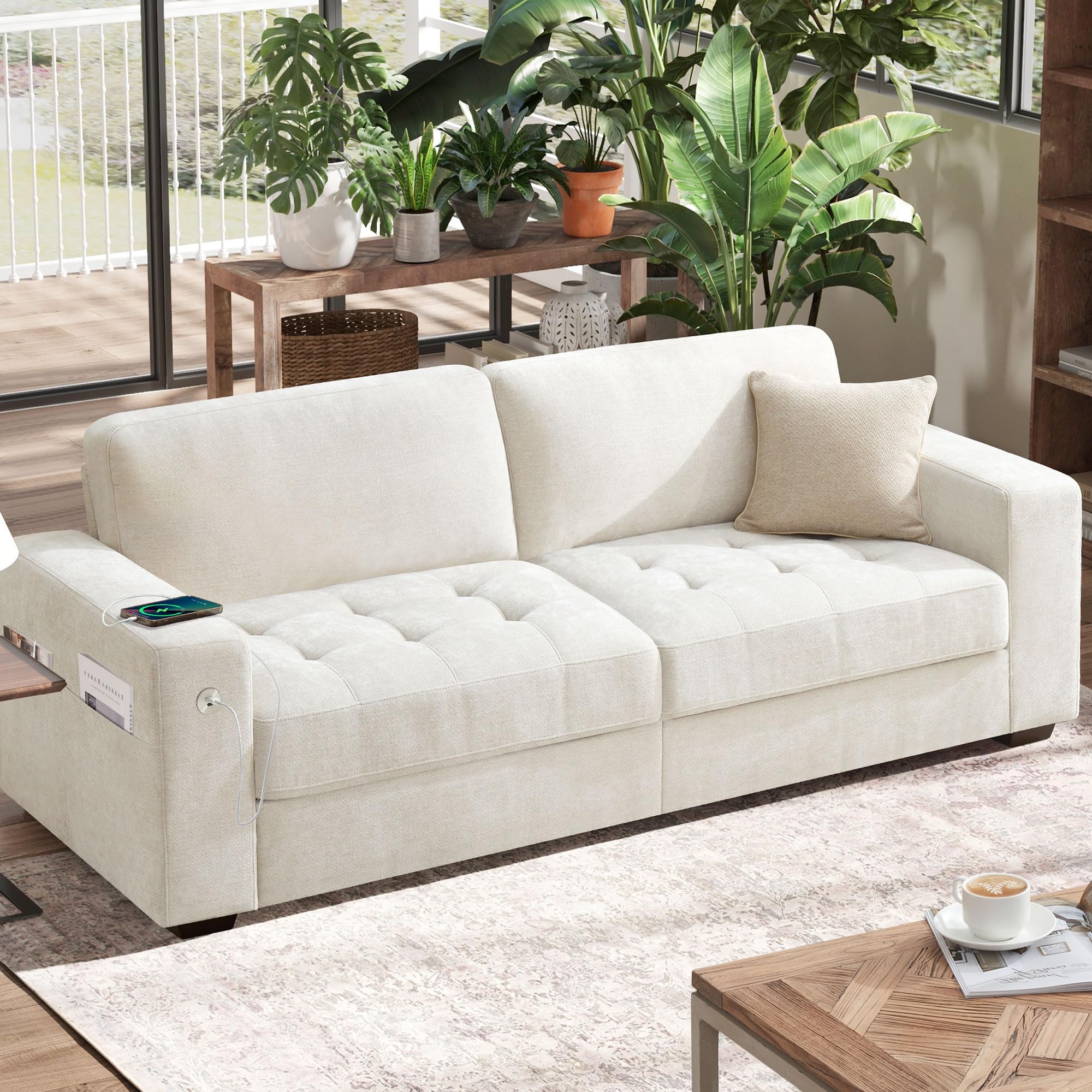 Hanherry 89" Sofa for Living Room, Modern Comfy Sofa with Medium Firm Seat Cushion, Removable Cover,Wide Armrest,USB/Type-C Port,Chenille Fabric Couches for Small Space,Apartment
