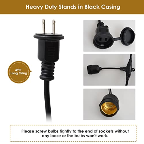 FRIXCHUR 49 FT Black Outdoor String Lights Waterproof Connectable Hanging Lights for Backyard Porch Deck Garden E26 Socket Base Patio Lights (Light Bulb not Included)