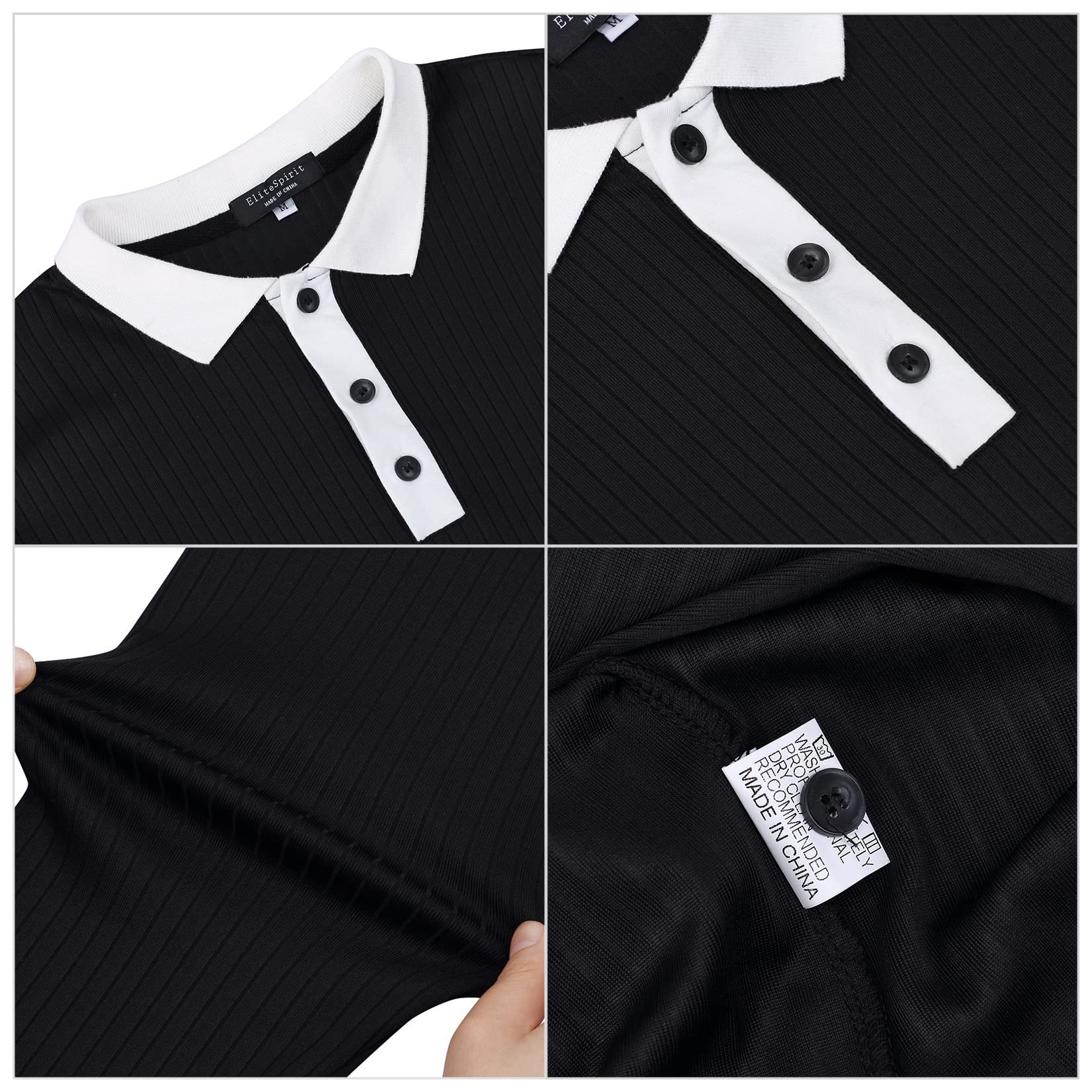 EliteSpirit Mens Long Sleeve Polo Shirts Casual Polka Dot Collared Golf Shirt with Pockets Black XL