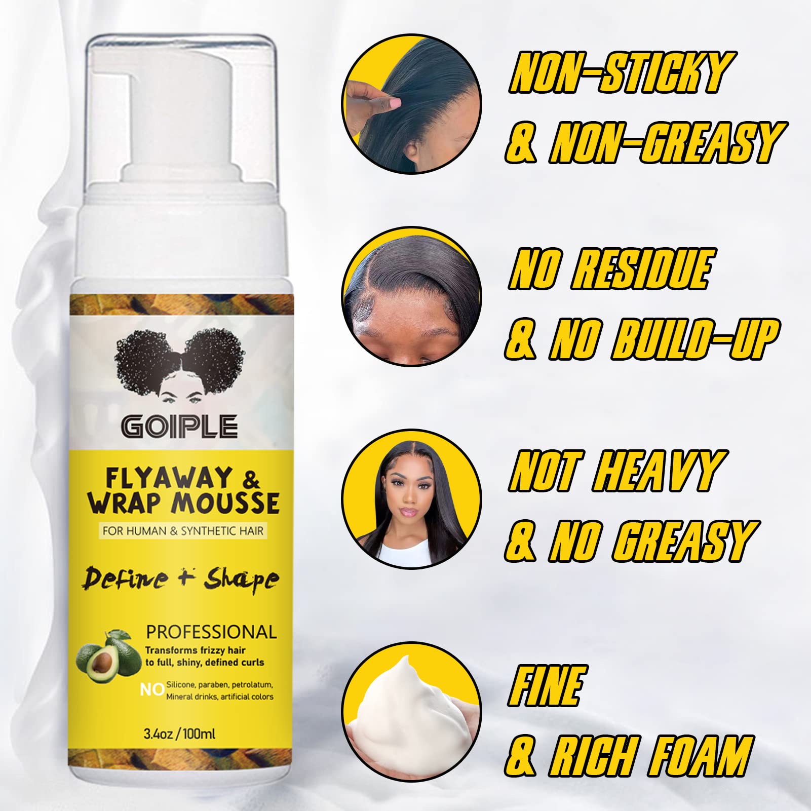 Goiple Foaming Mousse for Curly Hair Wigs, Melting and Holding Spray Adhesive with Edge Control Kit for Extensions, Strong Natural Finishing Hold