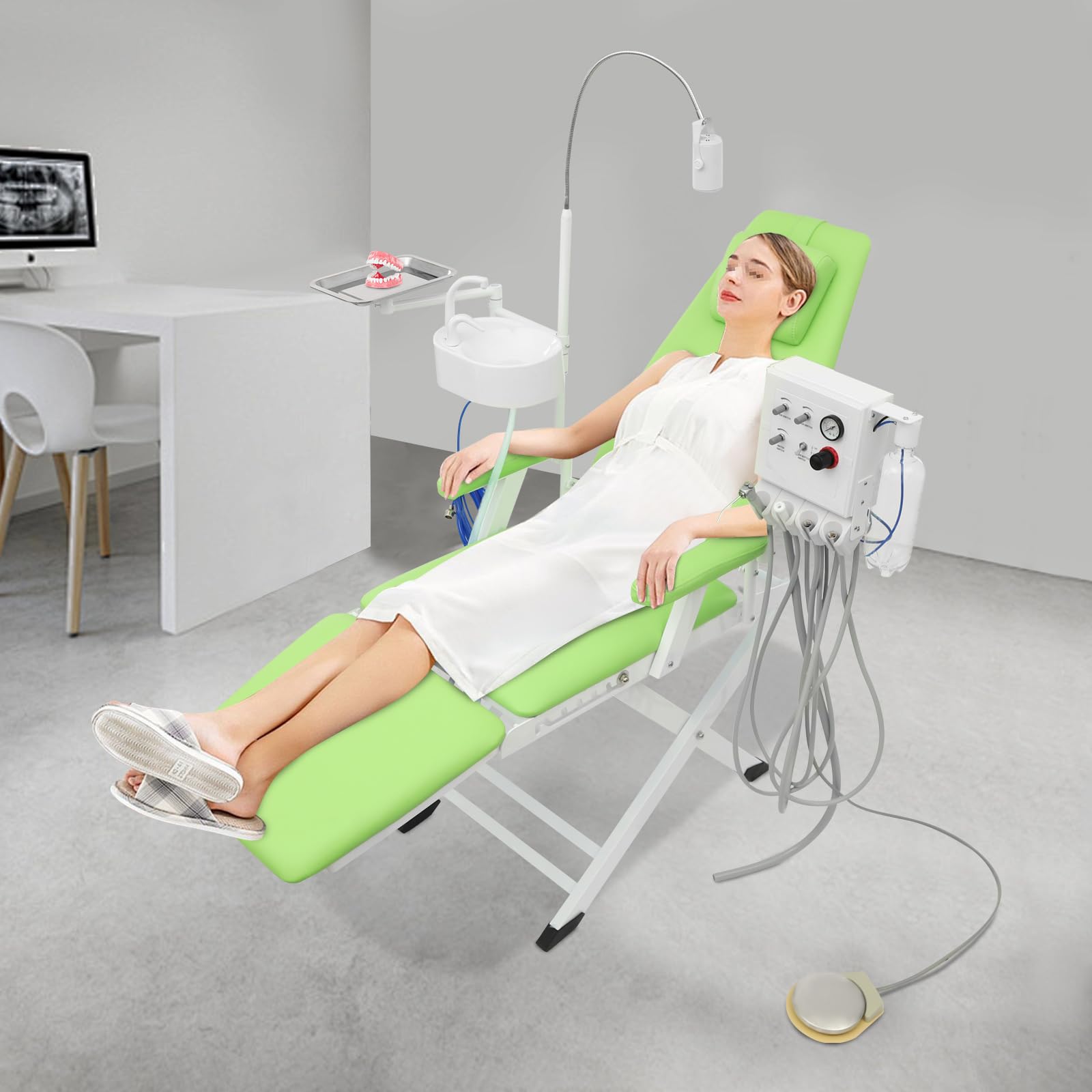 KUMOYOU Portable Folding Den tal Patient Chair, Foldable Freestanding Patient Chairs with 360° Rotating LED Lamp & Tray & Spittoon, Den tal Bed for Hospitals Clinics