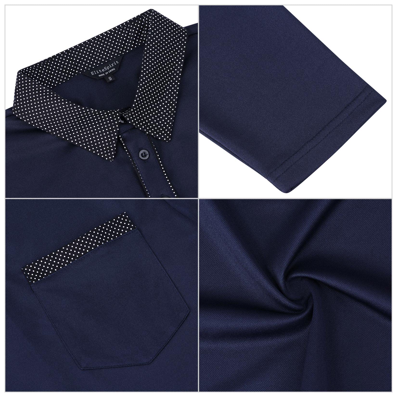 EliteSpirit Mens Long Sleeve Polo Shirts Casual Polka Dot Collared Golf Shirt with Pockets Navy Blue XL