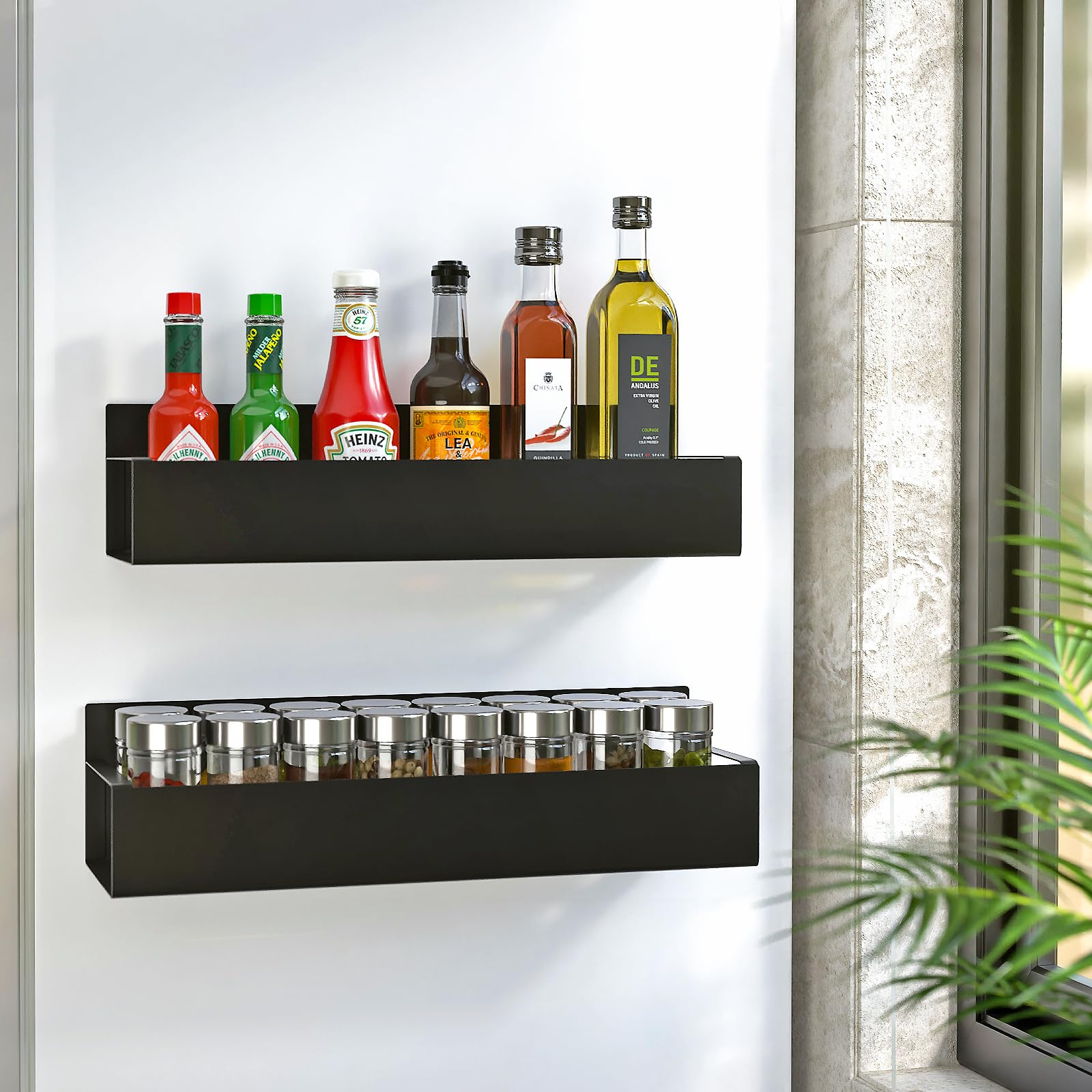 Hoenart Magnetic Spice Rack for Refrigerator, Moveable Magnetic Spice Organizer, 2 Pack Metal Strong Magnetic Shelf for Fridge and Microwave Oven, Space Saving for Kitchen (Black)