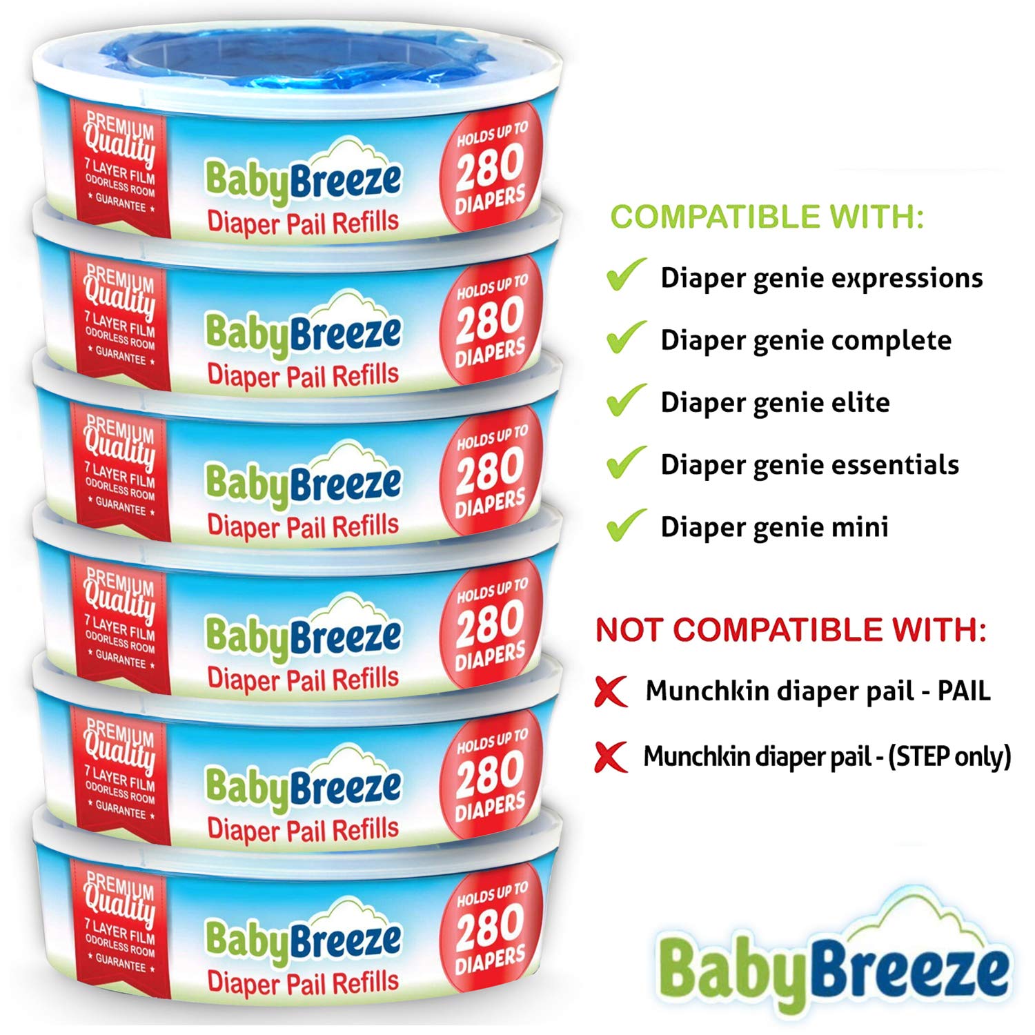 Diaper Pail Refill Bags Compatible with Playtex Diaper Genie- 1680 Count (2 Sets of 3 Pack) β By BabyBreeze