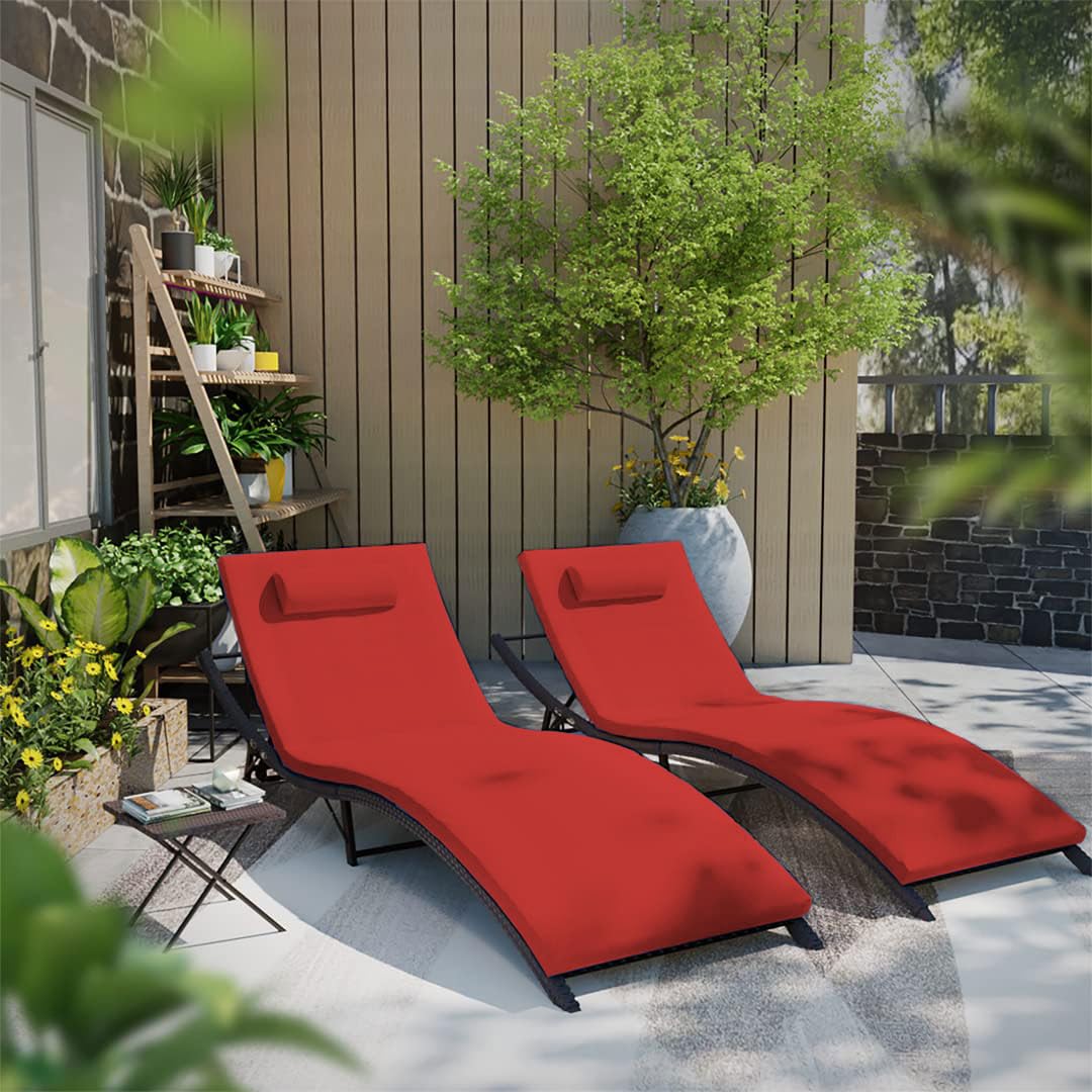 Kullavik Lounge Chair for Outside,3 Pieces Chaise Lounge Outdoor Folding Pool Lounge Chairs Including Table Rattan Patio Furniture Set,Red