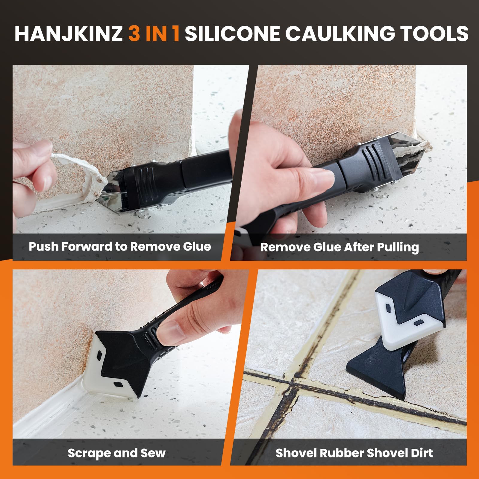 HANJKINZ 3 in 1 Silicone Caulking Tools(Stainless Steelhead), 12pack, Caulk Remover Tool Kit with Replace Silicone Padsgood Pads and Caulk Finishing Tools, Caulking Tool Kit for Kitchen, Bathroom