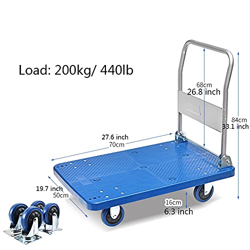 Generic Flatbed Hand Cart Platform Hand Truck Folding Moving Trolley with Quiet Wheels for Warehouse Restaurants Small Cart 440lbs Weight Capacity Heavy Duty Flatbed Cart (Size : 50 * 70)