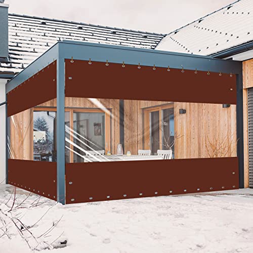 Ezcasch 20 Oz Outdoor Vinyl Curtain, Outdoor Clear Panel Curtain, Weather Resistant Outdoor Curtain for Pergola, Porch, Gazebos, with Rustproof Grommets (8'H x 8'W, Brown)