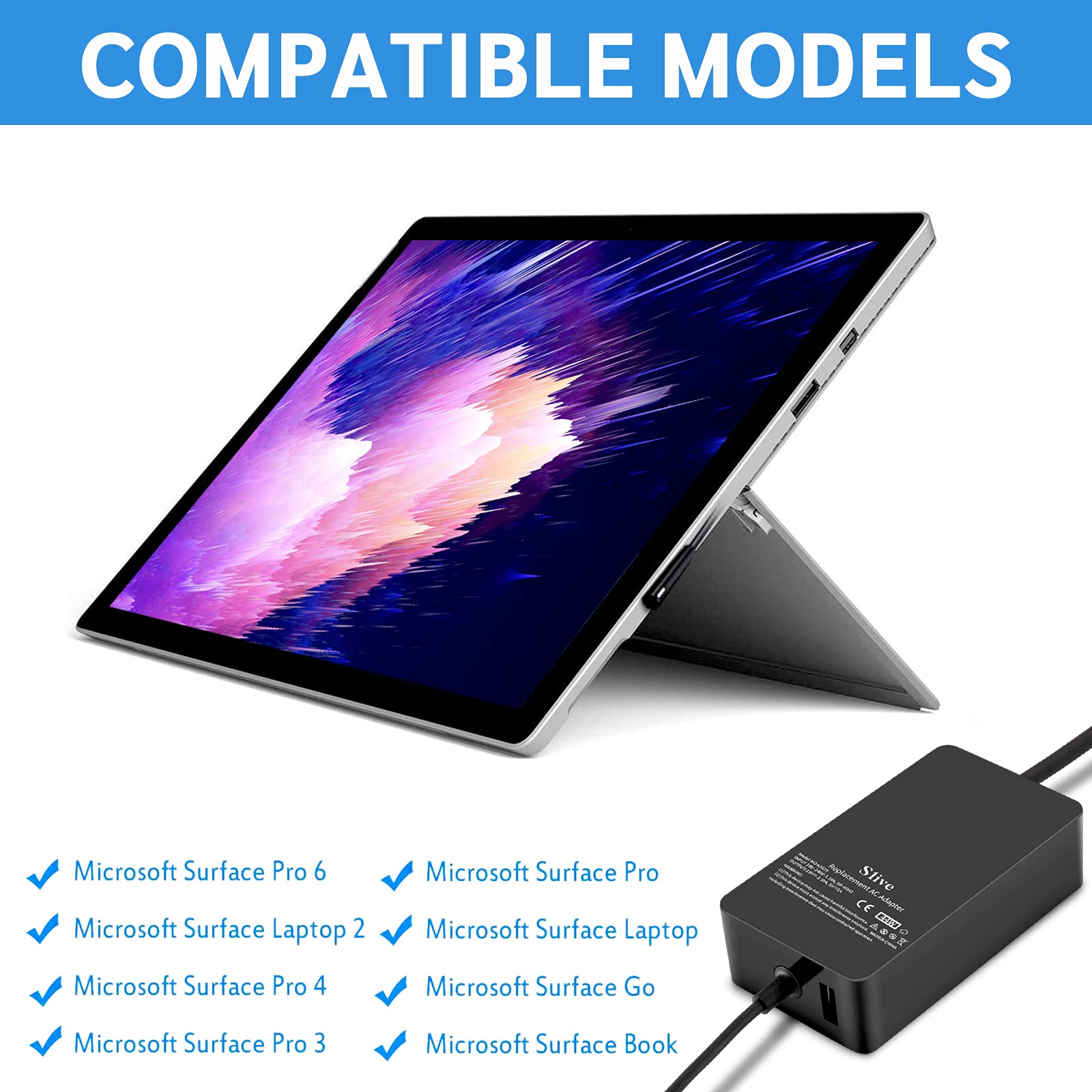 Slive Updated Version Surface Pro Charger, 44W 15V 2.58A, Compatible for Microsoft Surface Pro 3, Pro 4, Pro 5, Pro 6, Pro 7 Surface Laptop 1/2, Surface Book & Surface Go, with 5V 1A USB Charging Port