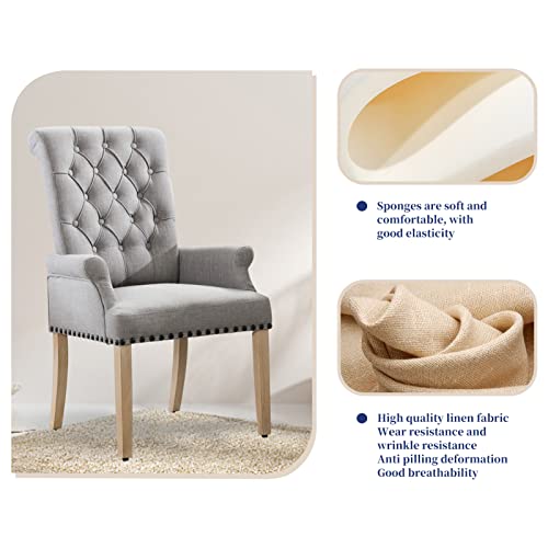 Restworld Fabric Arm Dining Chair,Tufted Upholstered High Back Nailed Trim with Untique Oak Wood Legs for Kitchen Restaurant Room Bedroom,Smoke Grey