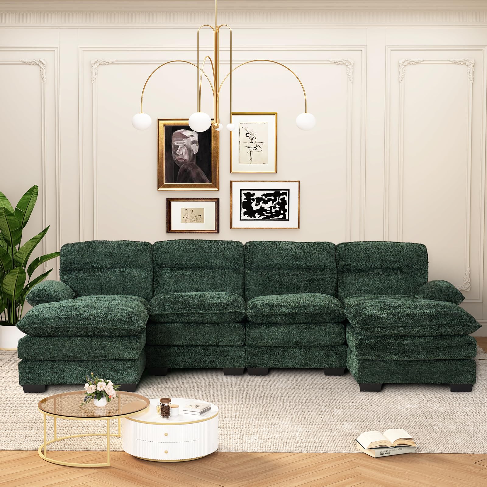 HANLIVES 111.8" U-Shaped Sofas for Living Room Apartment,Modern 4 Seats Sectional Sofa Couch with Double Chaise,Chenille Fabric Cloud Couches-Green