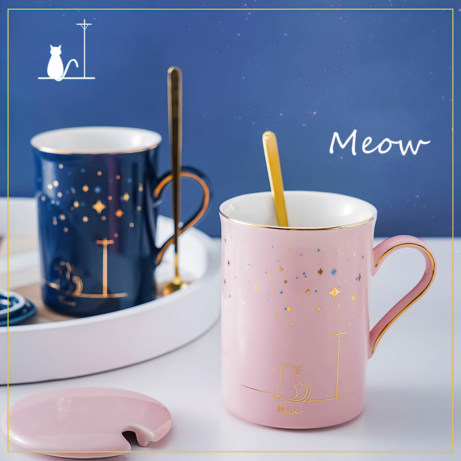 KUNVAMUL Starry Sky Cat Coffee Mug Gift Set 11 OZ,Ceramic Cups,Spoons,Lover coffee cups for Valentine's Day Wedding Anniversary,Cat Lovers(Blue)