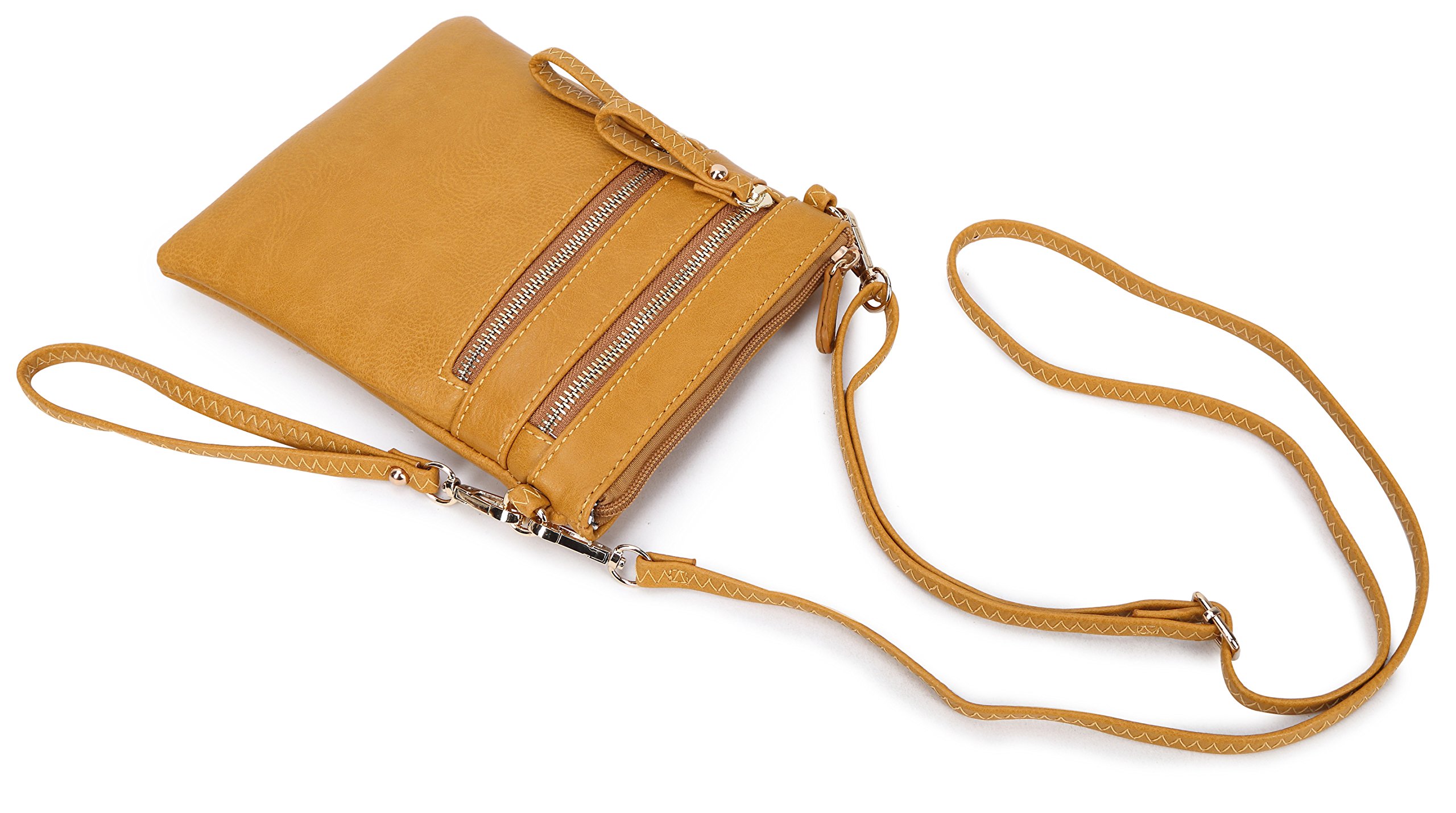 Solene Women's Faux Leather Organizer Multi Zipper Pockets Handbag With Detachable Wristlet Crossbody Bag-WU002(Mustard)