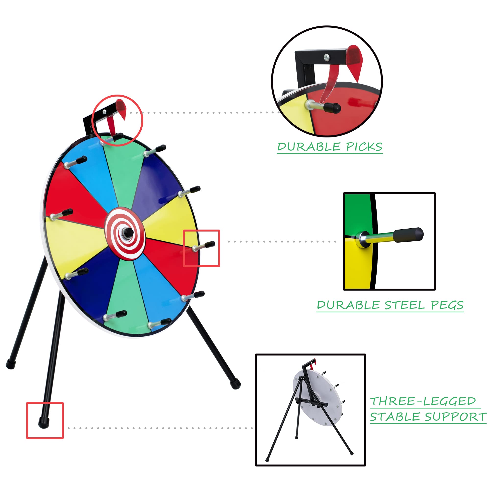 Hokut 12 inch Spinning Prize Wheel, Tripod Base with 10 Color Slots Tabletop Spinner, Roulette Wheel for Carnival, Trade Show, Win Fortune Spin Games