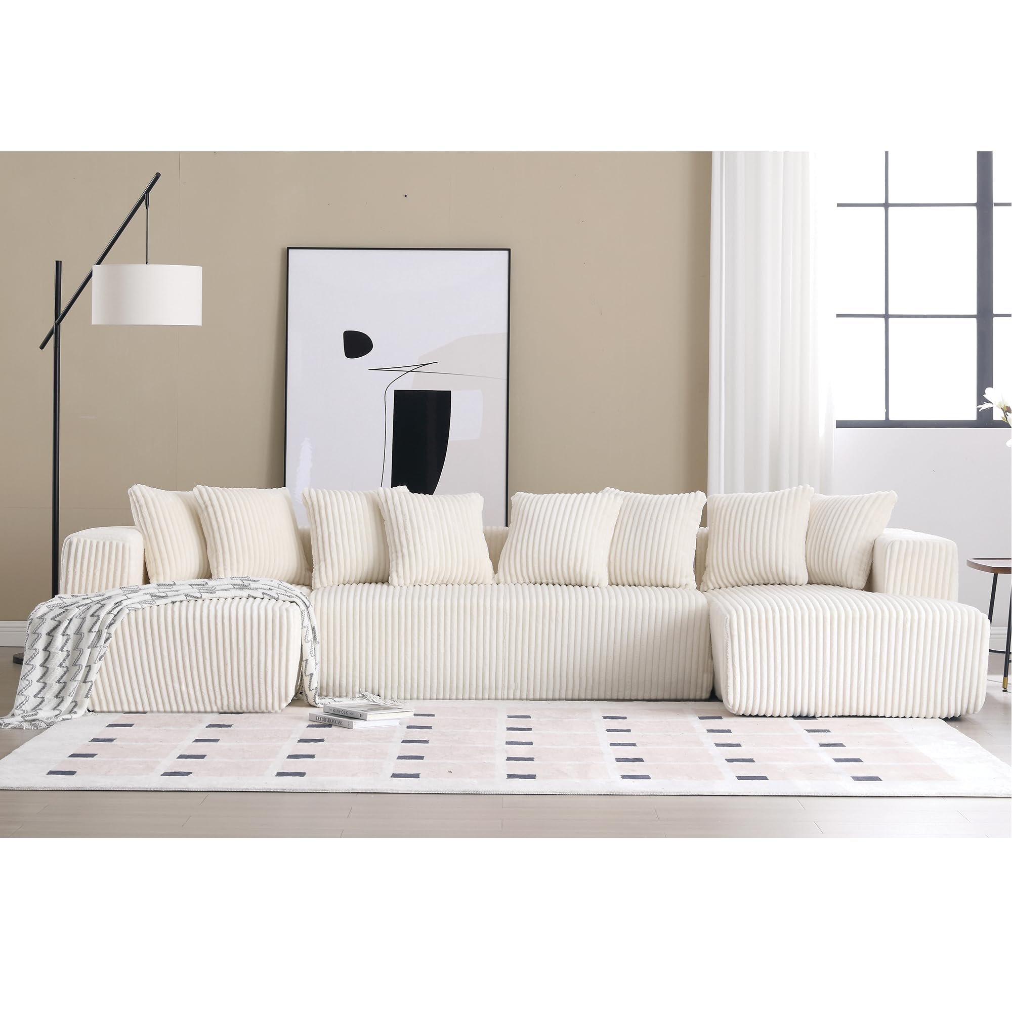 HANLIVES 130" Oversized 6 Seats U-Shaped Sofas for Living Room Apartment,Modern Large Cloud Sofa with Double Chaise,Corduroy Fabric Sectional Sofa Couch-White