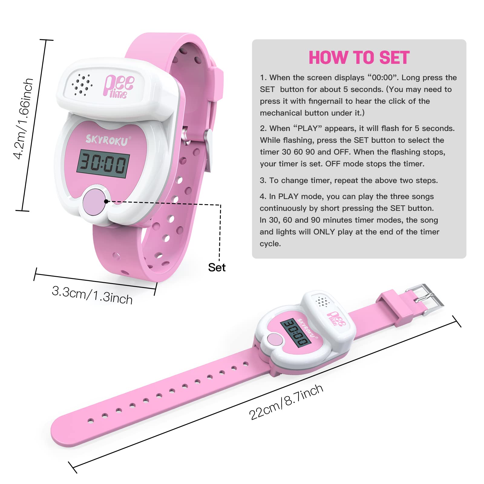 SKYROKU Potty Training Watch for Toddlers β Cute Toilet Shape, Music & Light Reminders, 3 Songs, Countdown Timer, Replaceable Battery, Silicone Strap β Easy Setup & Safe for Kids(Pink)