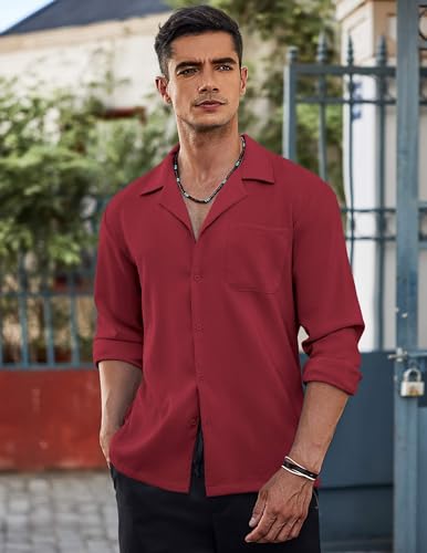 COOFANDY Casual Dress Shirts Men Untucked Button Down Shirts Beach Shirts Christmas Shirt Wine Red Large