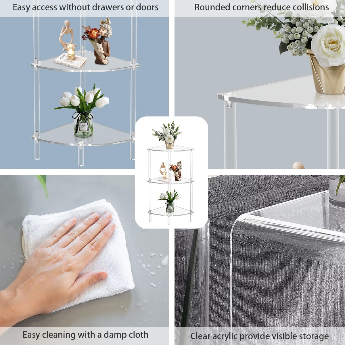 KSary Bathroom Corner Shelf Stand, 3 Tier Solid Acrylic Display Shelf for Narrow Space, Shower Corner Shelf, Plant Stand Nightstand, for Living Room, Bedroom, Home Office