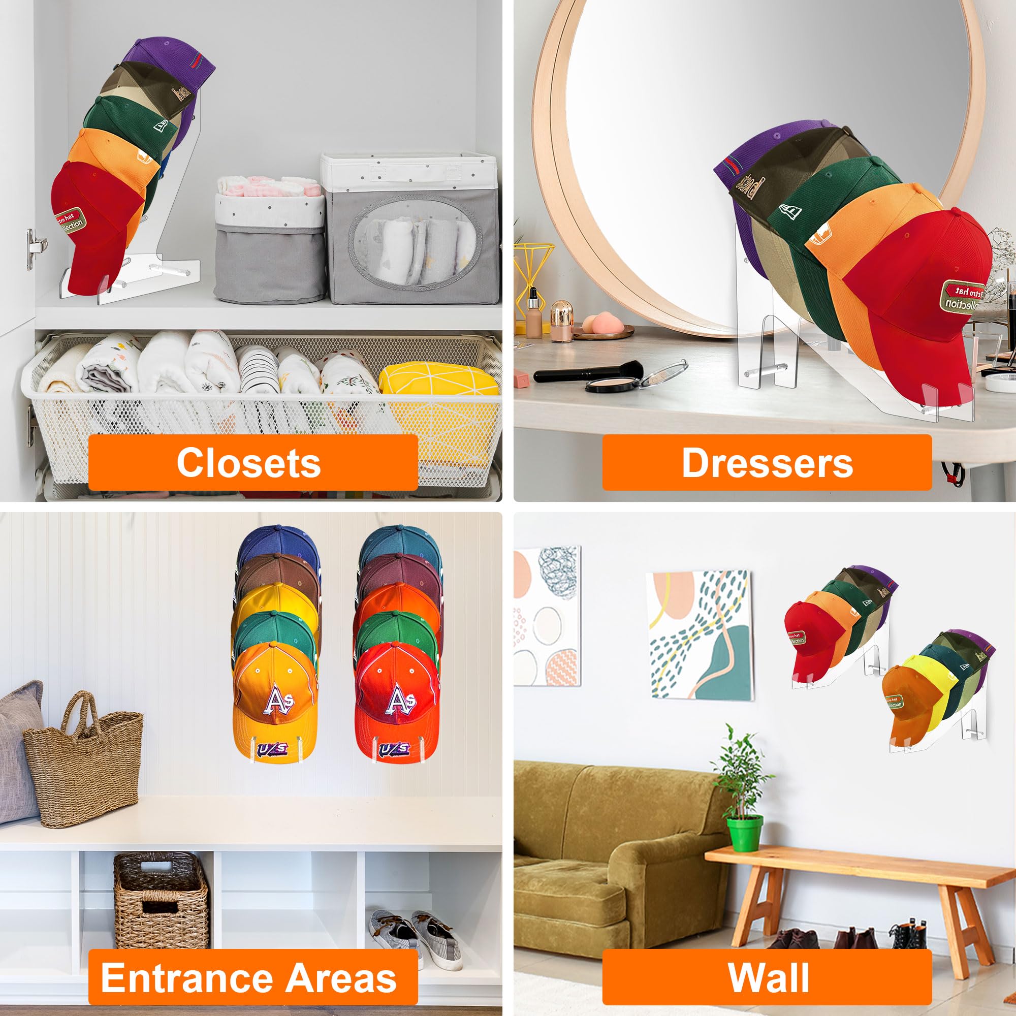 Loscarol Baseball Cap Hat Organizer - 2 Pack Space-Saving Hat Rack Storage | Wall Mounted Hat Holder for Closet, Dresser, Entrance | Acrylic Hat Stand Display & Cap Organizer for 10 Baseball Caps