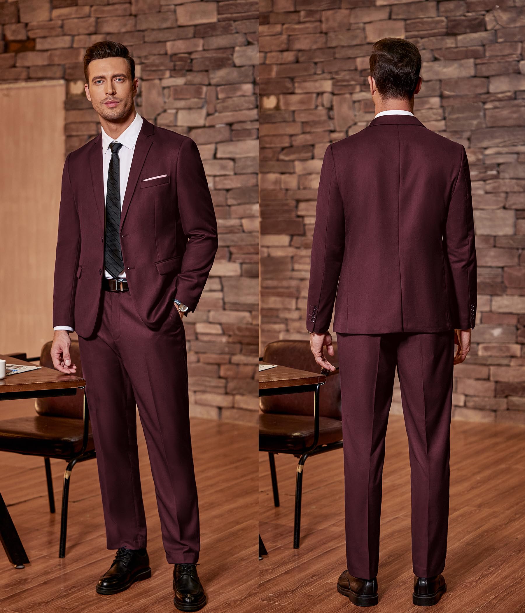 COOFANDY Christmas Suits for Men 2 Pieces Slim Fit Solid Color 2 Buttons Jacket Pants for Wedding Dinner Party Burgundy