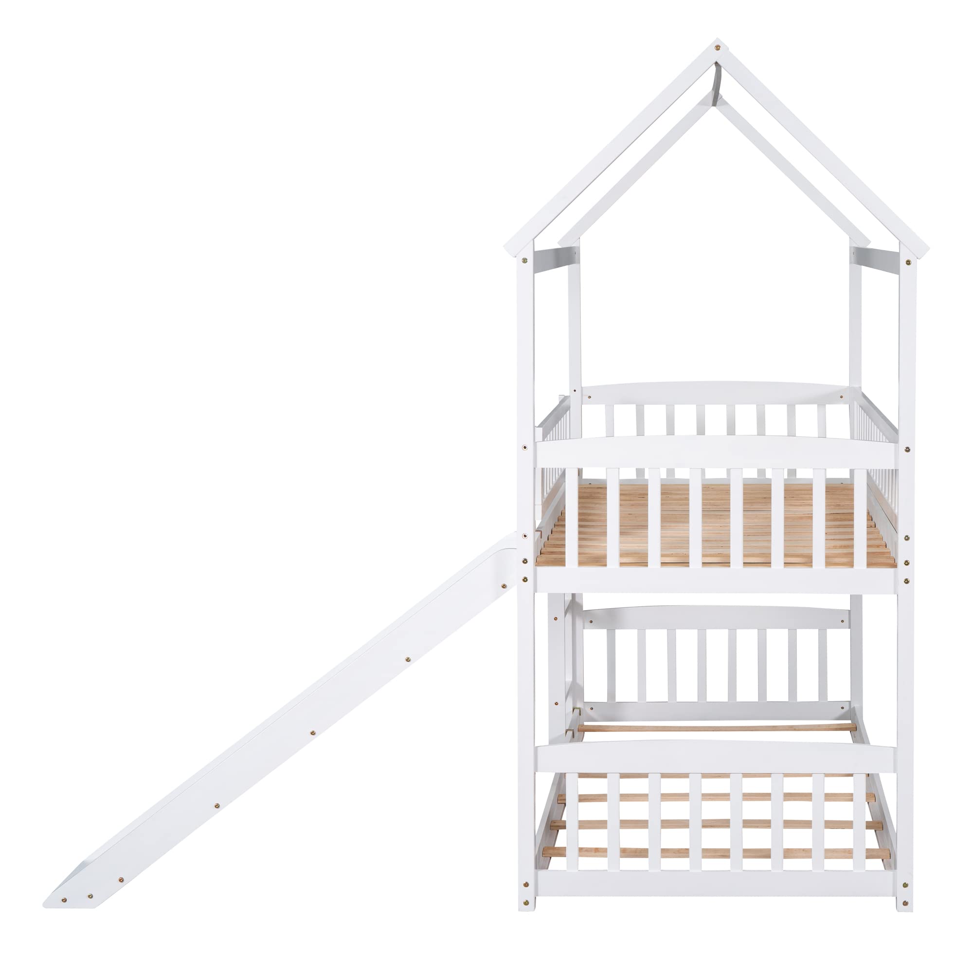 LostCat Twin Over Twin Bunk Bed with Slide, House Shaped Solid Pine Wood Bed Frame w/Safety Guardrail & Ladder, No Box Spring Needed, Save Space Design, for Kids, Teens, Girls, Boys, White