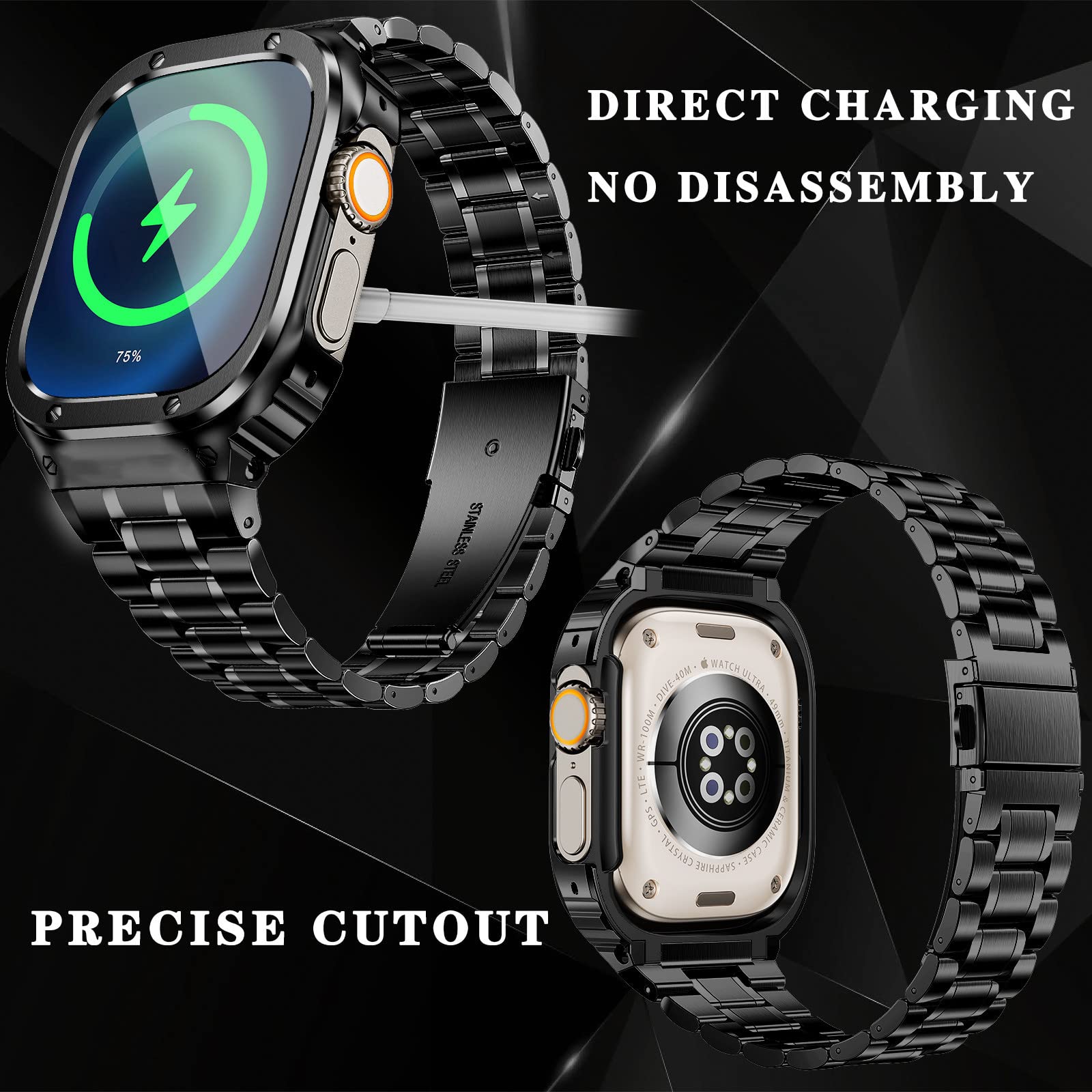 HASLFM Stainless Steel Watch Band with Case Compatible with Apple Watch Ultra/Ultra 2(49mm),Metal Strap and Rugged Protective Cover for iWatch Bands Cases Men, Black