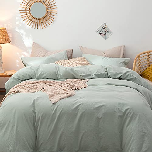 MooMee Bedding Duvet Cover Set 100% Washed Cotton Linen Like Textured Breathable Durable Soft Comfy (Sage Green, Queen)